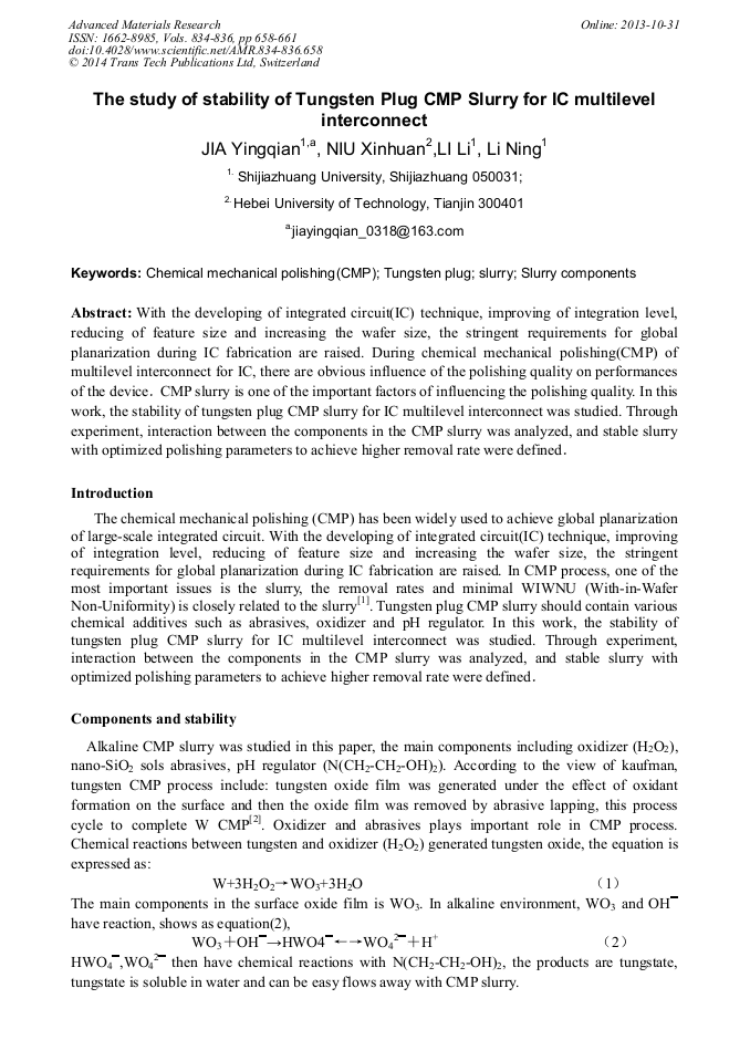 The Study of Stability of Tungsten Plug CMP Slurry for IC Multilevel ...