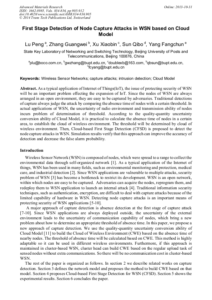 First Stage Detection of Node Capture Attacks in WSN Based on Cloud Model | Scientific.Net