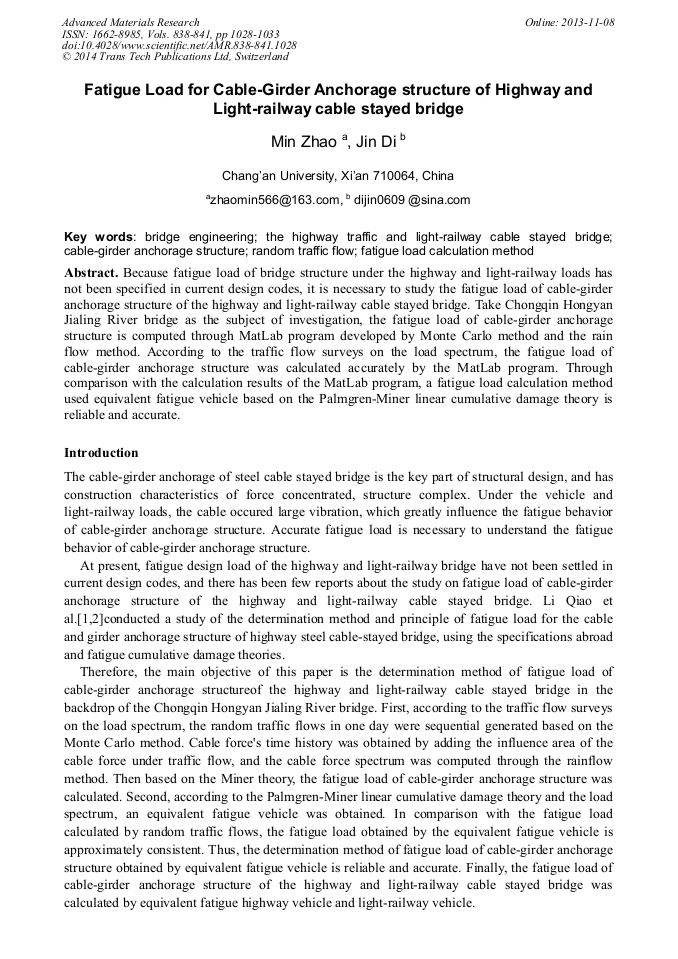 Fatigue Load for Cable-Girder Anchorage Structure of Highway and Light ...
