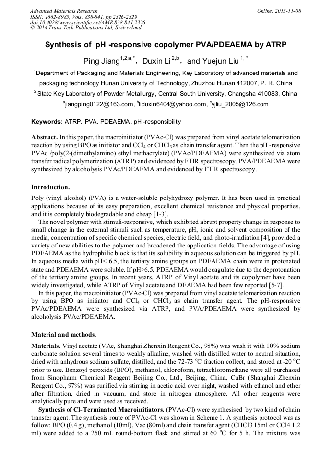 Synthesis of pH-Responsive Copolymer PVA/PDEAEMA by ATRP | Scientific.Net