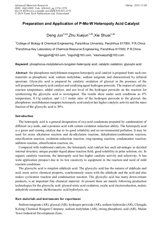 Preparation and Application of P-Mo-W Heteropoly Acid Catalyst ...