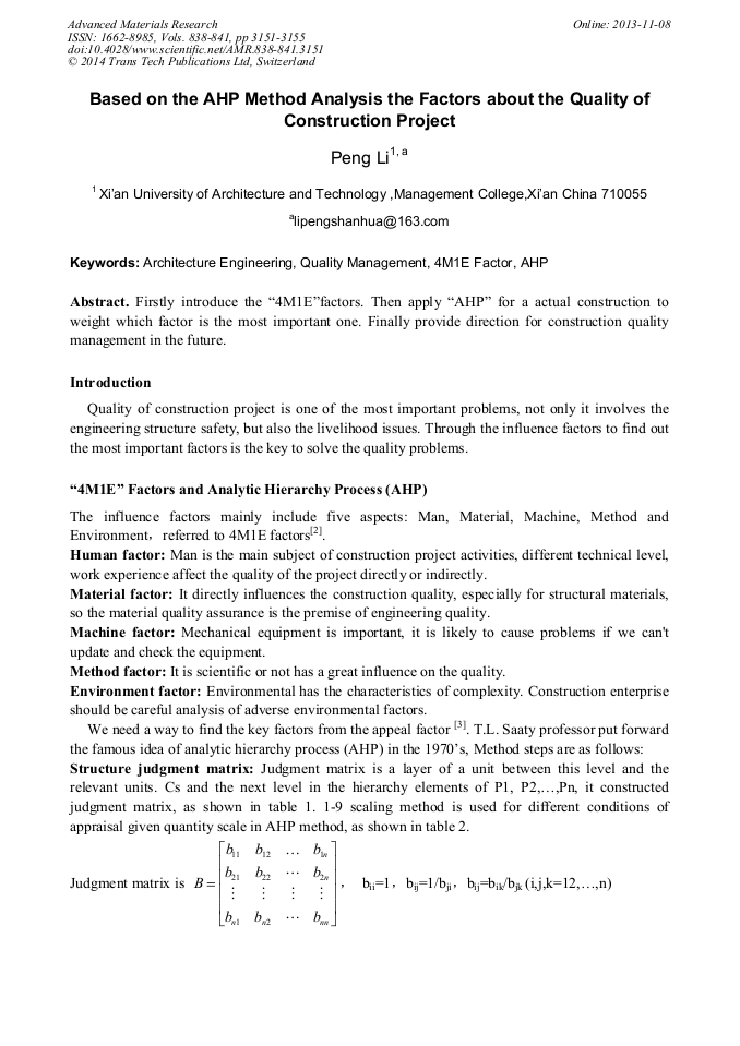 Based on the AHP Method Analysis the Factors about the Quality of ...