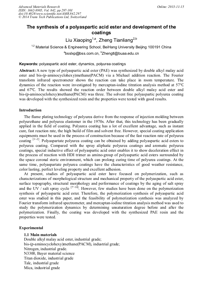 The Synthesis of a Polyaspartic Acid Ester and Development of the ...