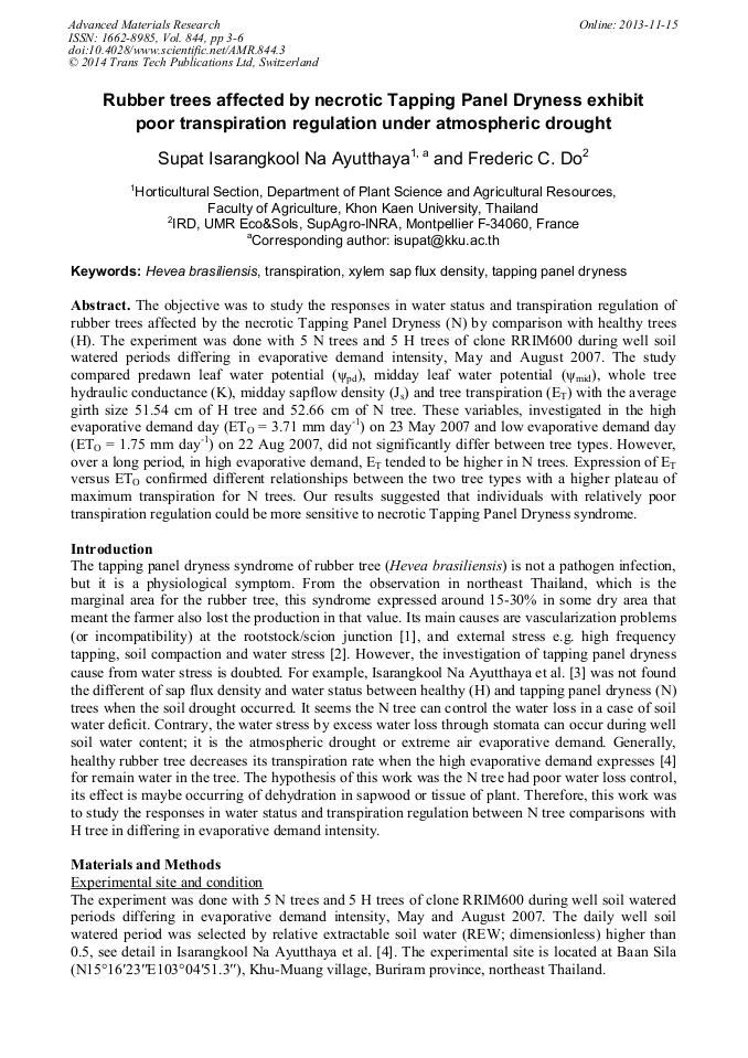 Rubber Trees Affected by Necrotic Tapping Panel Dryness Exhibit Poor ...