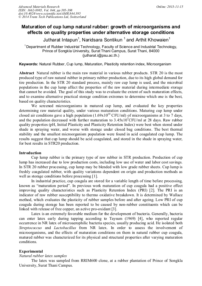 Maturation of Cup Lump Natural Rubber: Growth of Microorganisms and ...