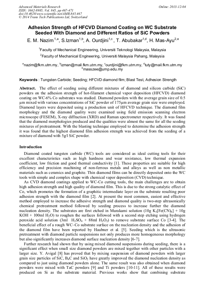 Adhesion Strength of HFCVD Diamond Coating on WC Substrate Seeded with ...