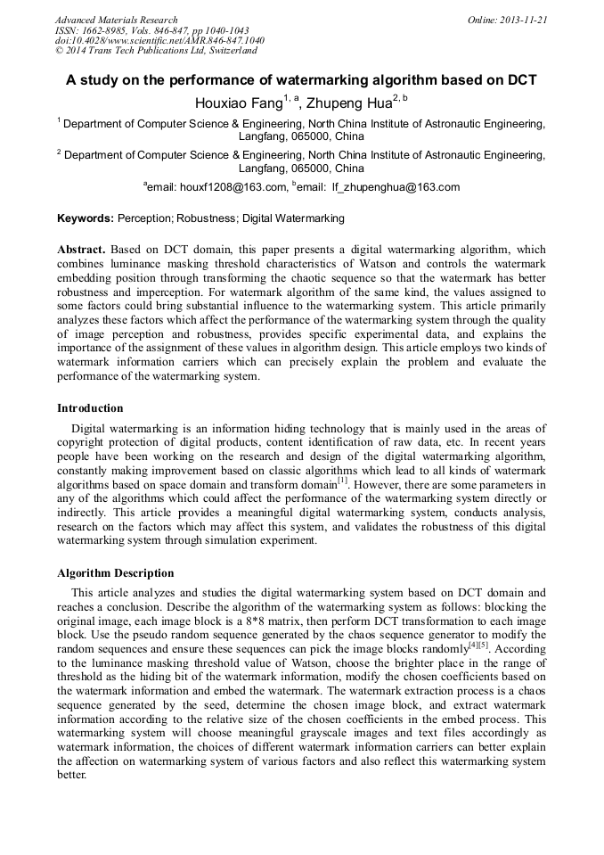 A Study on the Performance of Watermarking Algorithm Based on DCT ...