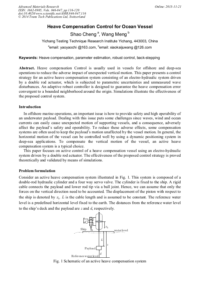 Heave Compensation Control for Ocean Vessel | Scientific.Net