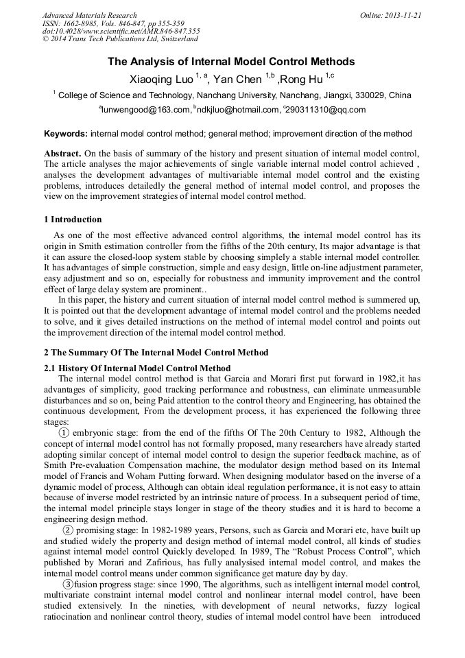 The Analysis of Internal Model Control Methods | Scientific.Net