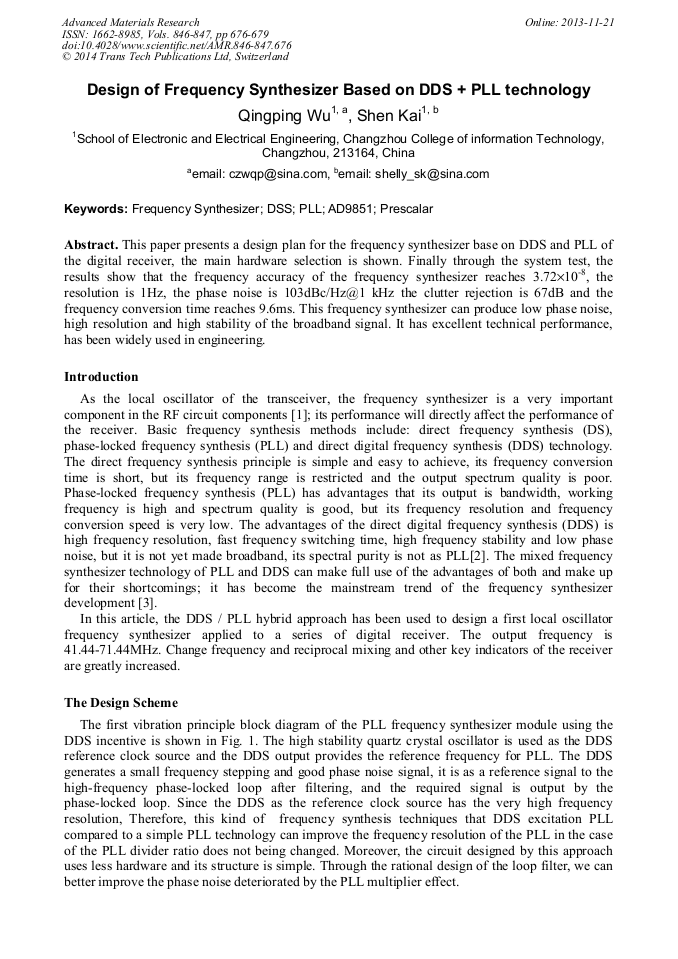 Design of Frequency Synthesizer Based on DDS + PLL Technology ...