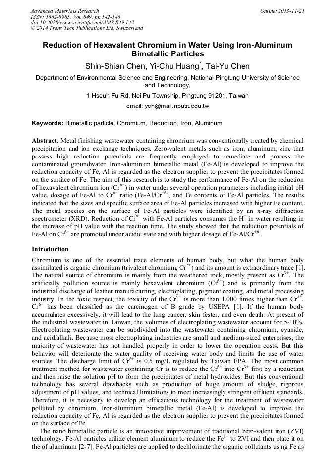 Reduction of Hexavalent Chromium in Water Using Iron-Aluminum ...
