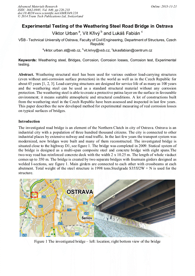 Experimental Testing of the Weathering Steel Road Bridge in Ostrava ...