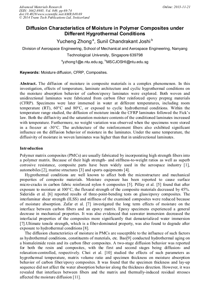 Diffusion Characteristics of Moisture in Polymer Composites under ...