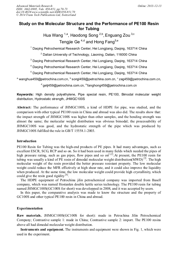 Study on the Molecular Structure and the Performance of PE100 Resin for ...
