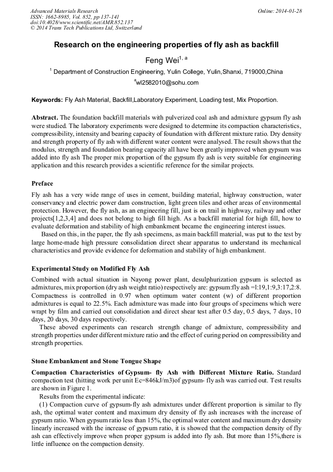 Research on the Engineering Properties of Fly Ash as Backfill ...