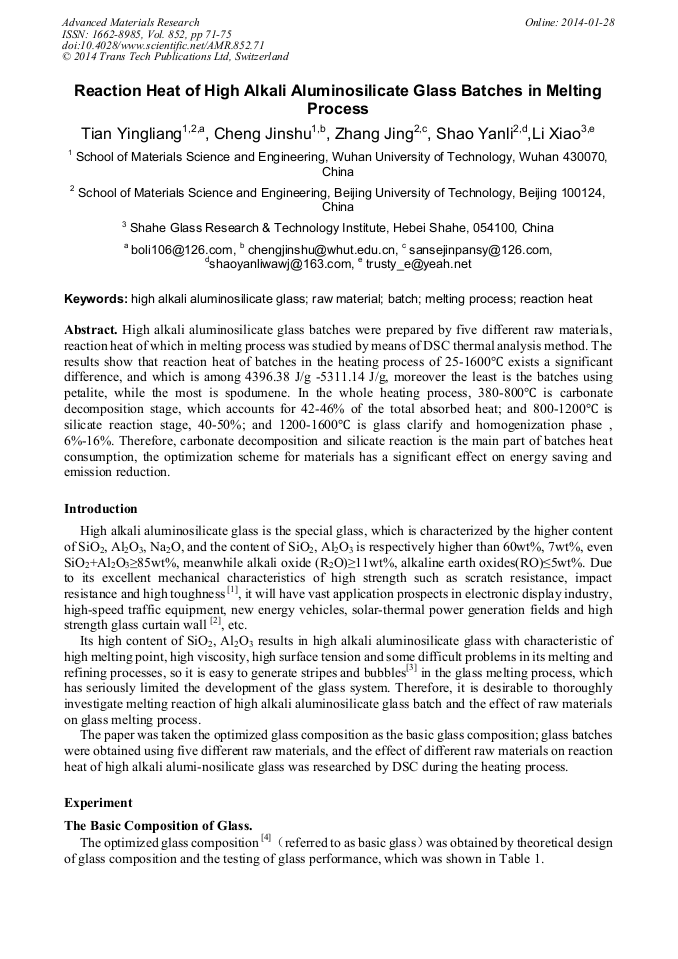 Reaction Heat of High Alkali Aluminosilicate Glass Batches in Melting ...