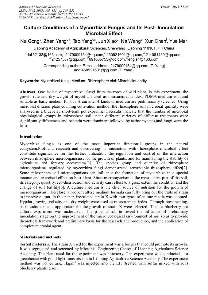 Culture Conditions of a Mycorrhizal Fungus and its Post-Inoculation ...