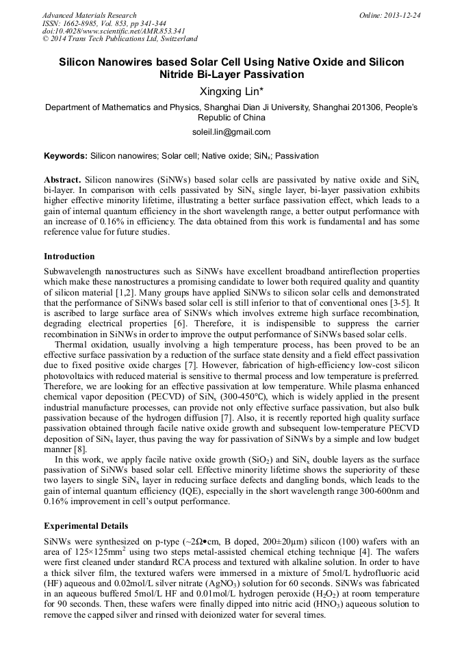 Silicon Nanowires Based Solar Cell Using Native Oxide and Silicon ...