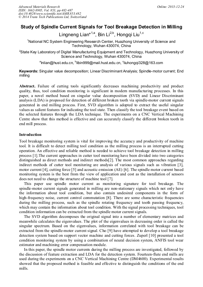Study of Spindle Current Signals for Tool Breakage Detection in Milling ...
