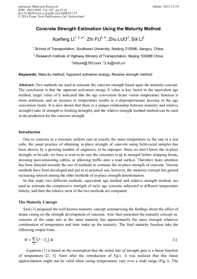 Concrete Strength Estimation Using the Maturity Method | Scientific.Net