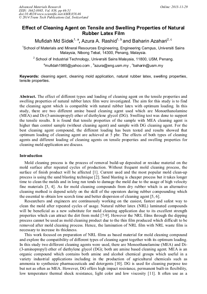 Effect of Cleaning Agent on Tensile and Swelling Properties of Natural ...