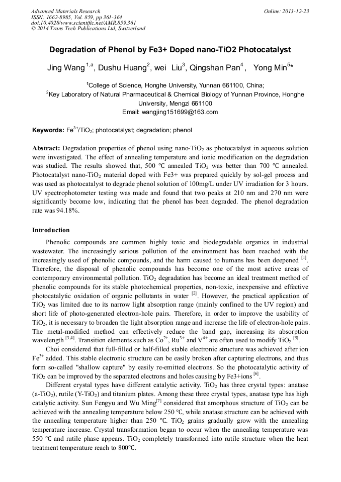 Degradation of Phenol by Fe3+ Doped Nano-TiO2 Photocatalyst ...