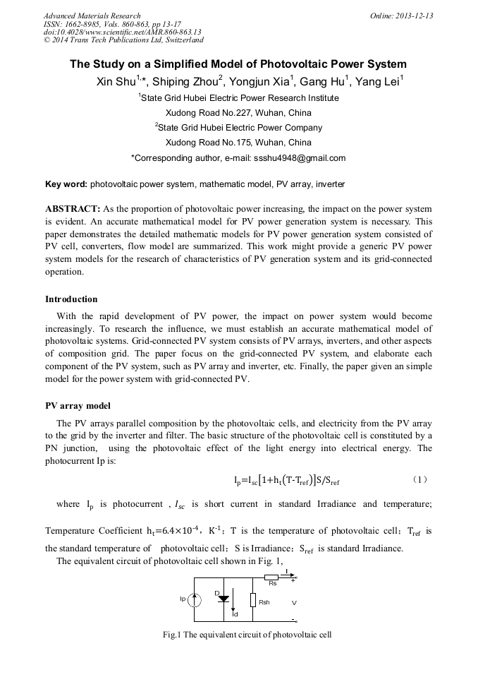 The Study on a Simplified Model of Photovoltaic Power System ...