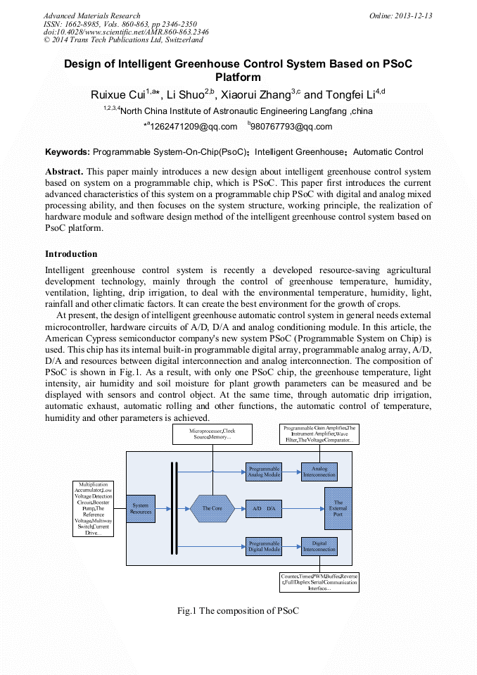 Design of Intelligent Greenhouse Control System Based on PSoC Platform ...