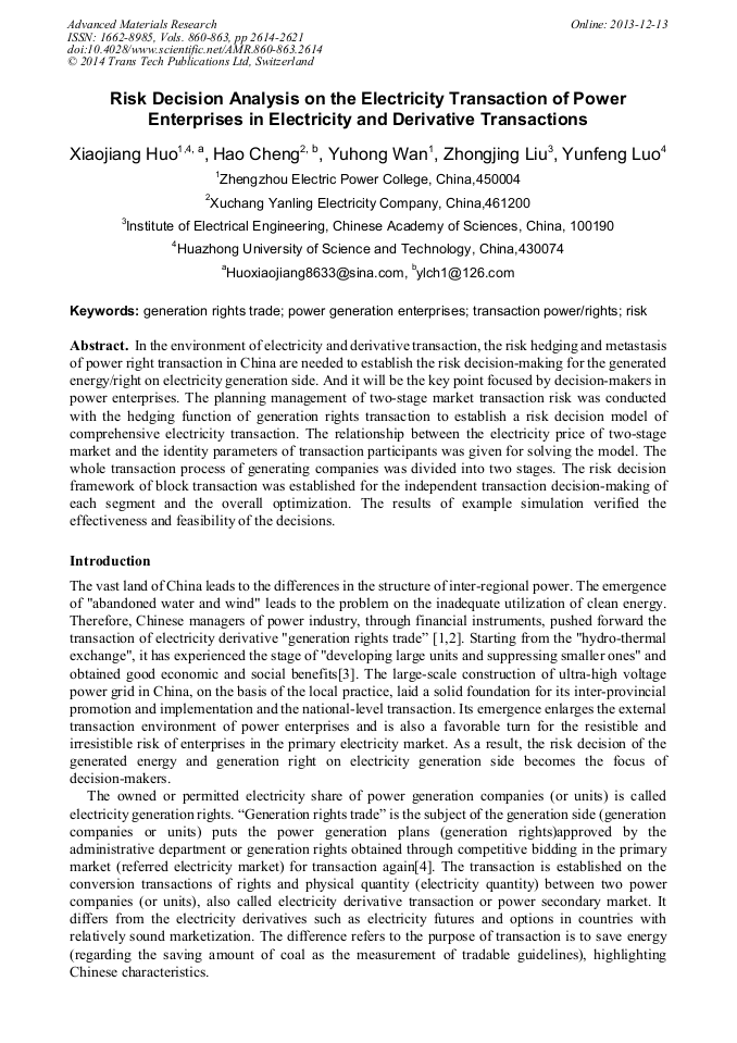 Risk Decision Analysis on the Electricity Transaction of Power ...
