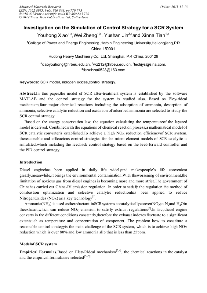 Investigation on the Simulation of Control Strategy for a SCR System ...