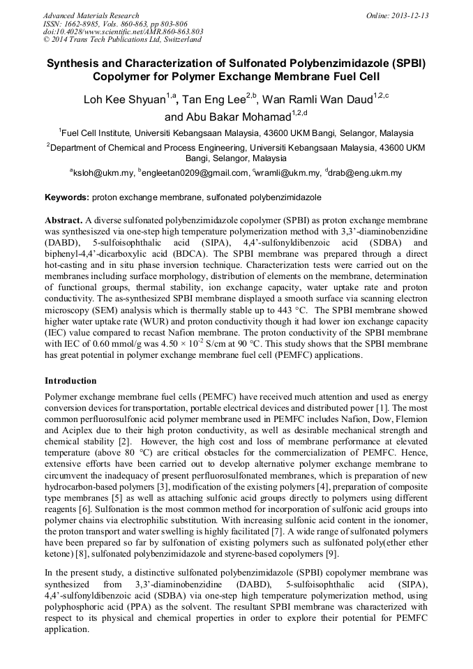 Synthesis and Characterization of Sulfonated Polybenzimidazole (SPBI ...