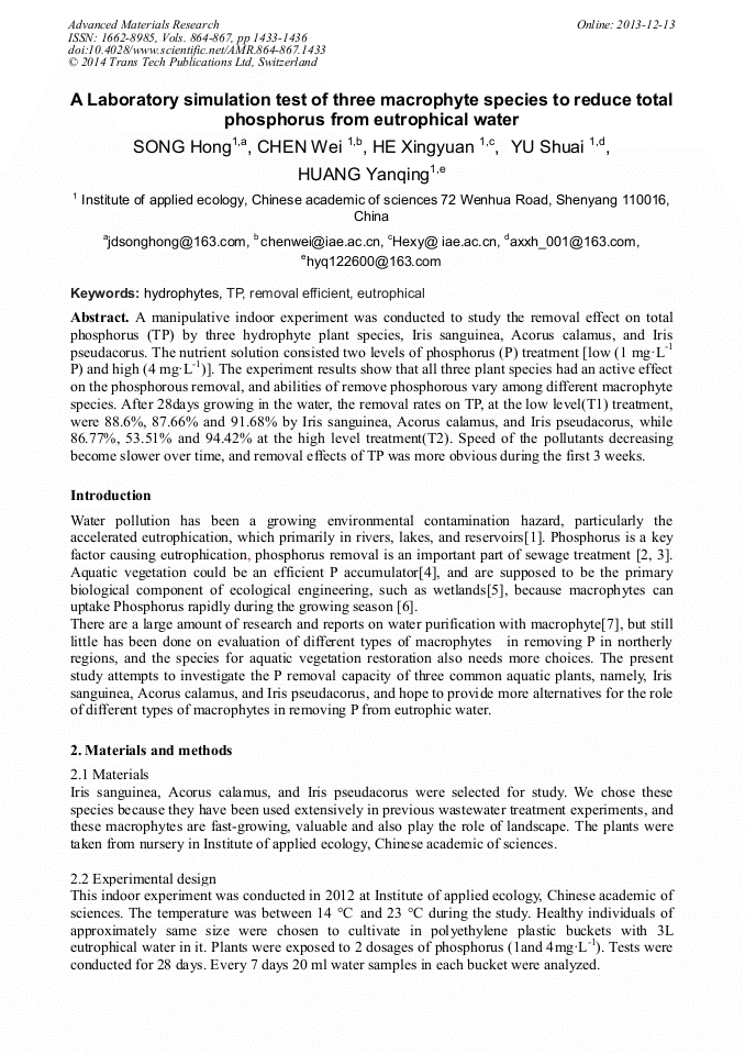 A Laboratory Simulation Test of Three Macrophyte Species to Reduce ...