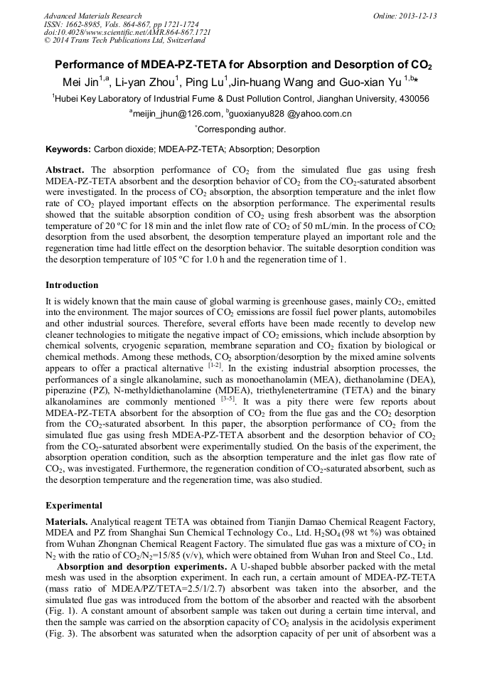 Performance of MDEA-PZ-TETA for Absorption and Desorption of CO2 ...