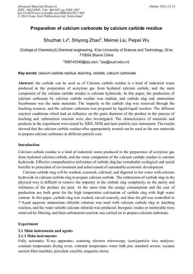 Preparation of Calcium Carbonate by Calcium Carbide Residue ...