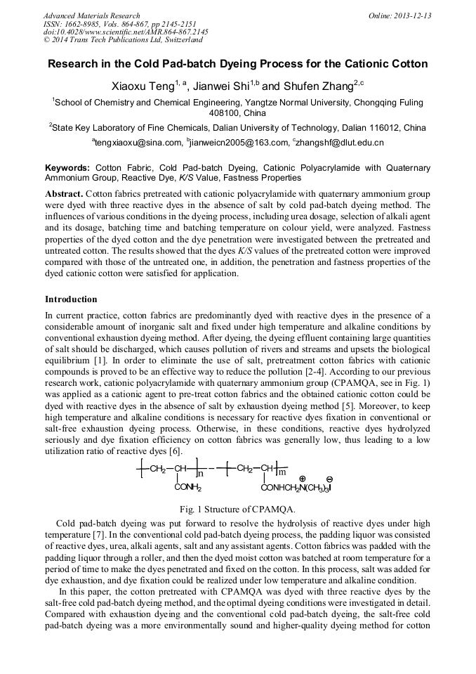 Research in the Cold Pad-Batch Dyeing Process for the Cationic Cotton ...