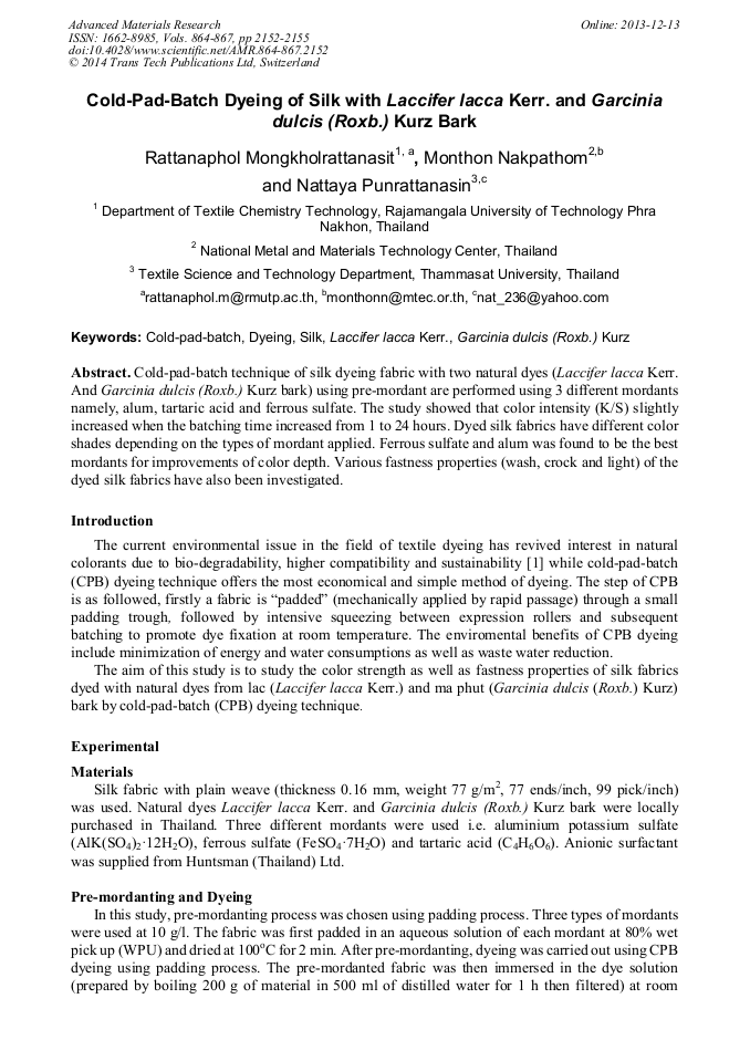 Cold-Pad-Batch Dyeing of Silk with Laccifer lacca Kerr. and Garcinia ...