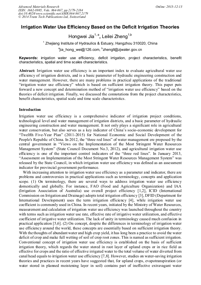 Irrigation Water Use Efficiency Based on the Deficit Irrigation ...