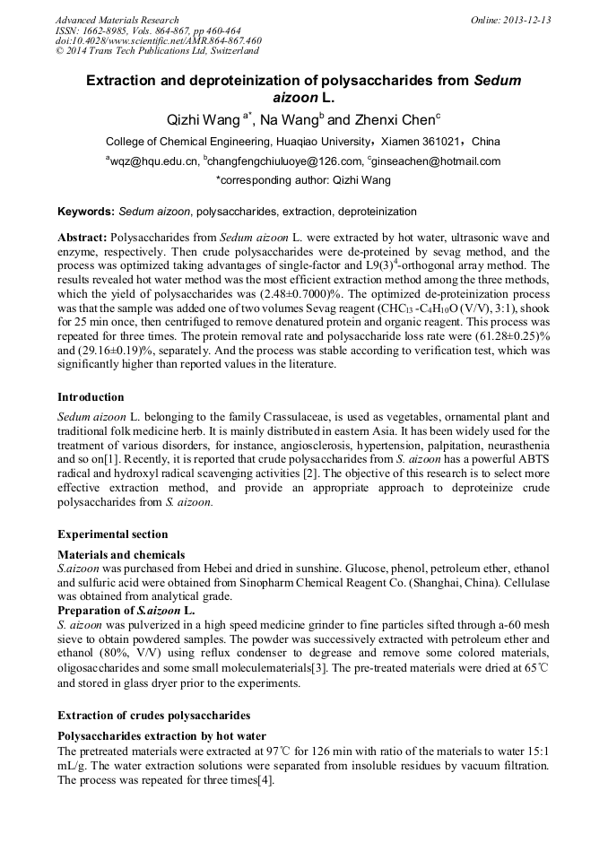 Extraction and Deproteinization of Polysaccharides from Sedum aizoon L ...