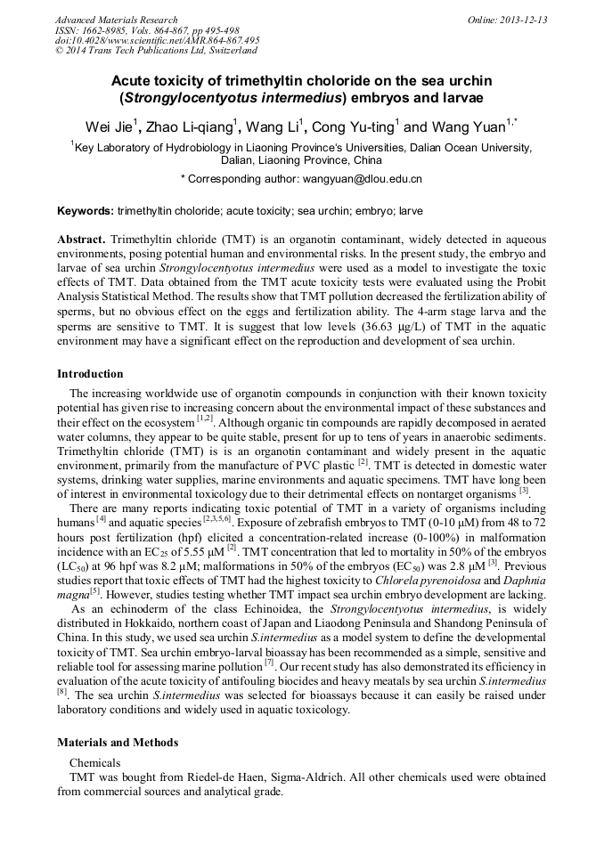 Acute Toxicity of Trimethyltin Choloride on the Sea Urchin ...