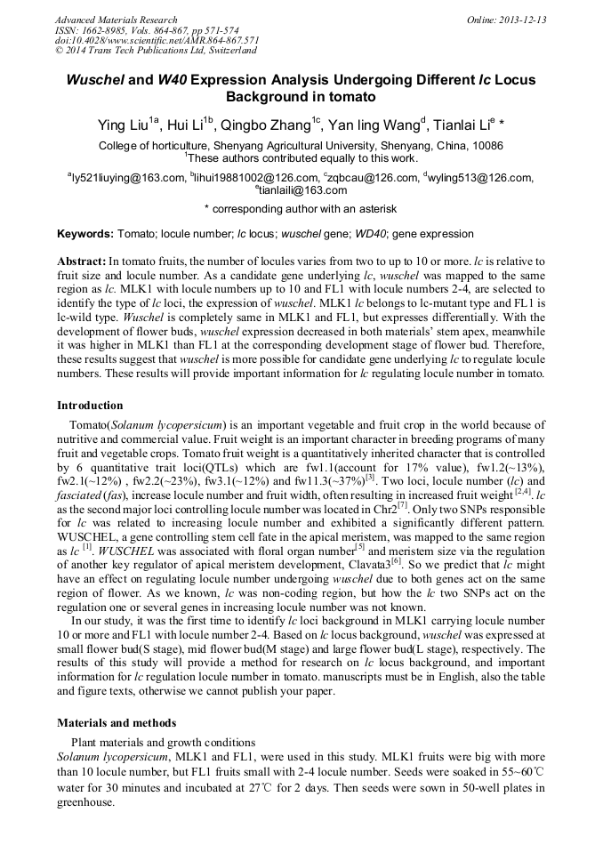 Wuschel and W40 Expression Analysis Undergoing Different Lc Locus ...