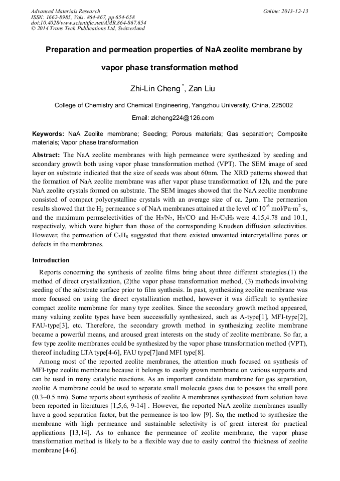 Preparation and Permeation Properties of NaA Zeolite Membrane by Vapor ...