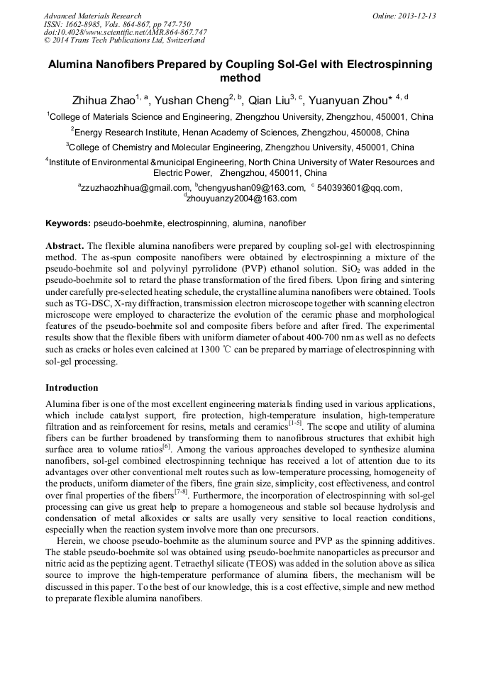 Alumina Nanofibers Prepared by Coupling Sol-Gel with Electrospinning ...