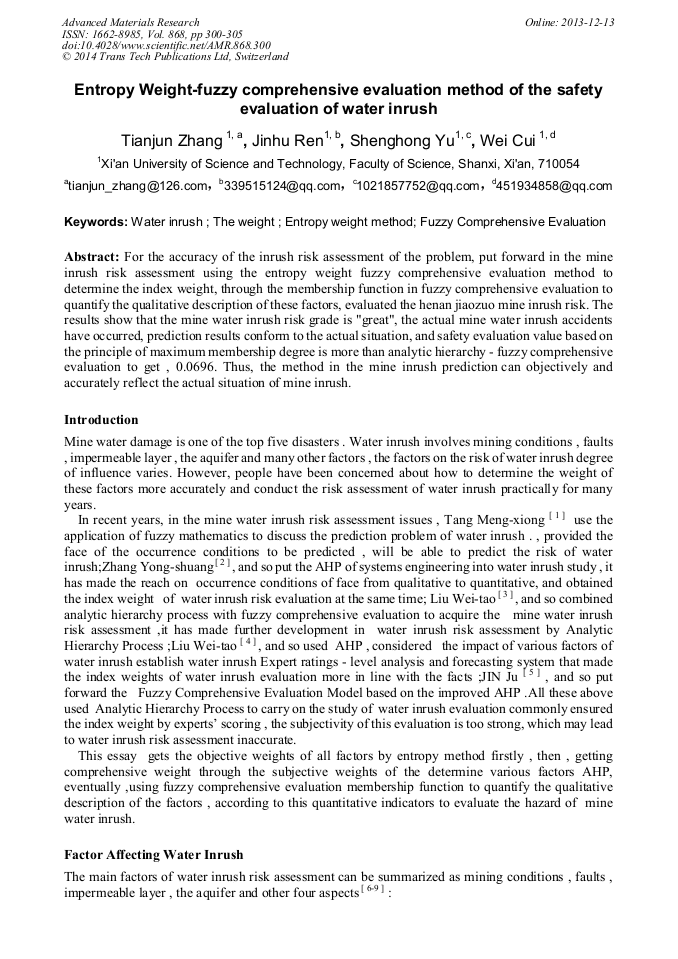Entropy Weight-Fuzzy Comprehensive Evaluation Method of the Safety Evaluation of Water Inrush ...