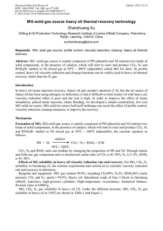 MG-Solid Gas Source Heavy Oil Thermal Recovery Technology | Scientific.Net
