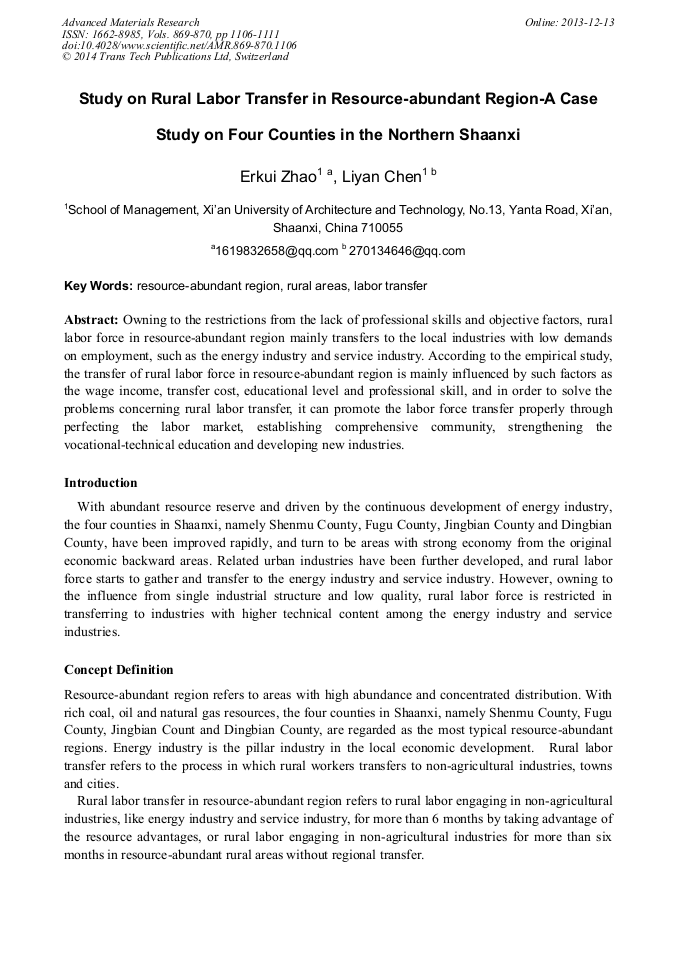 Study on Rural Labor Transfer in Resource-Abundant Region - A Case ...