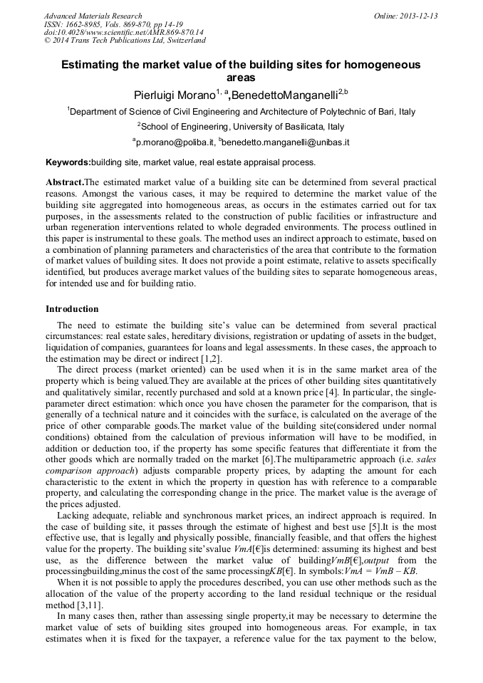 Estimating the Market Value of the Building Sites for Homogeneous Areas ...