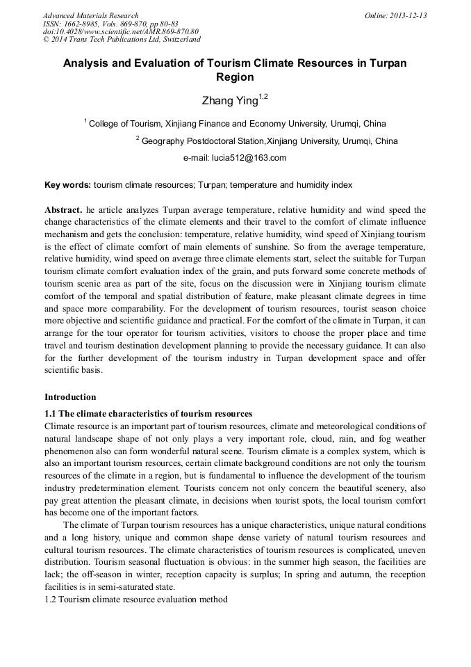 Analysis and Evaluation of Tourism Climate Resources in Turpan Region ...