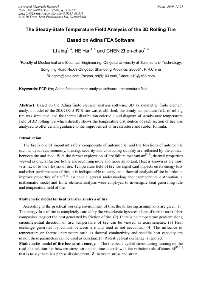 The Steady-State Temperature Field Analysis of the 3D Rolling Tire ...
