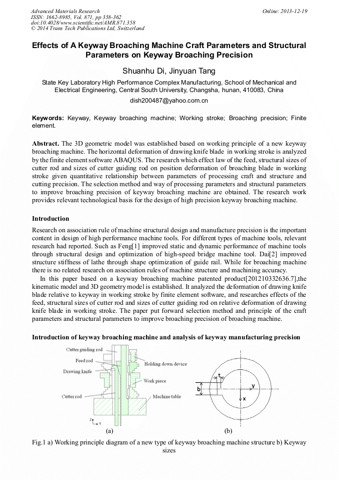 Effects of a Keyway Broaching Machine Craft Parameters and Structural ...
