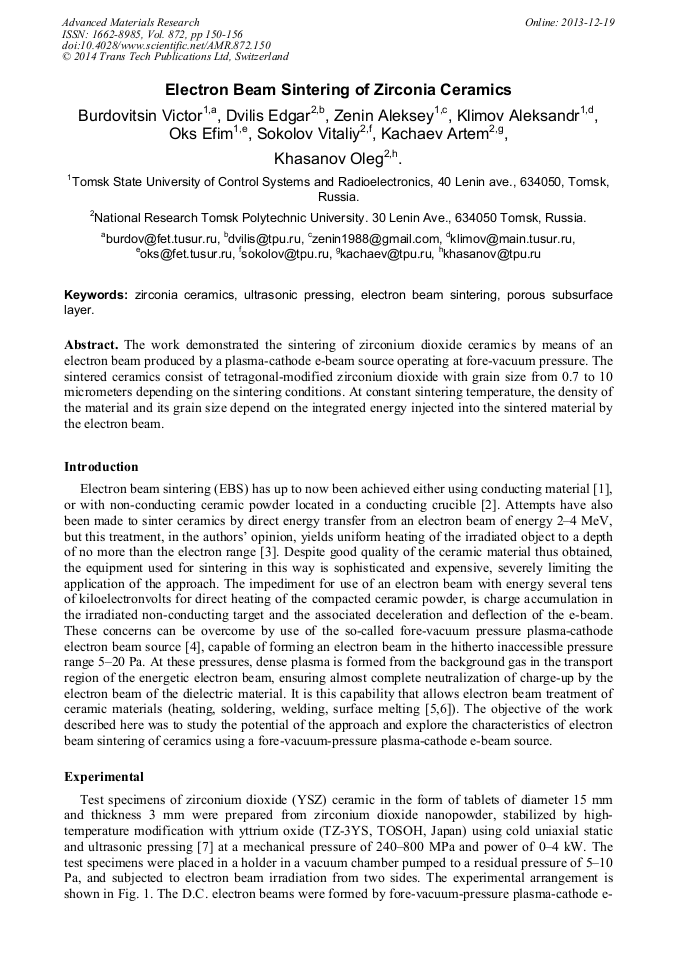 Electron Beam Sintering of Zirconia Ceramics | Scientific.Net